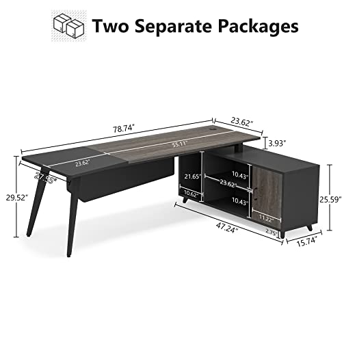 Tribesigns L-Shaped Computer Desk with File Cabinet, 78.74 Inch Large Executive Office Desk with Shelves, Industrial Business Furniture Desk Workstation for Home Office (Grey)