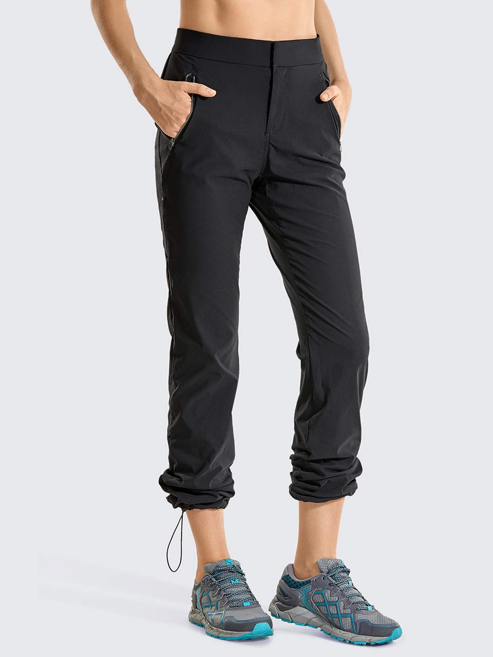CRZ YOGA Women's Hiking Lightweight Stretch Thick Pants Outdoor Travel Workout Pants with Zipper Pockets Black Medium