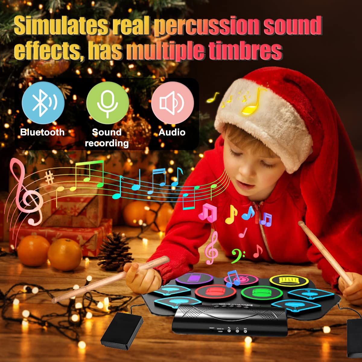 Forstree Electronic Drum Set(Cordless&Rechargeable), 9 Pads Roll-Up Digital Practice Drum Kit for Teens, Beginners, with Double Build-in Stereo Speaker, Drum Sticks, portable Gift for Kids, Christmas