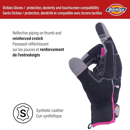 Dickies Heavy Duty Synthetic Leather Work Gloves Women, Touchscreen Compatible | Mechanic, Gardening Gloves, Black/Pink, Small