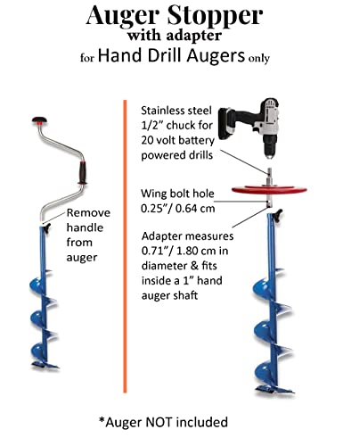 Ice Fishing Auger Stopper with Drill Bit Adapter (9"disc, fits up to 8" auger blades) for Cordless 20volt Lithium Battery Drills - Prevent Auger Blade from Slipping Beneath The Ice.