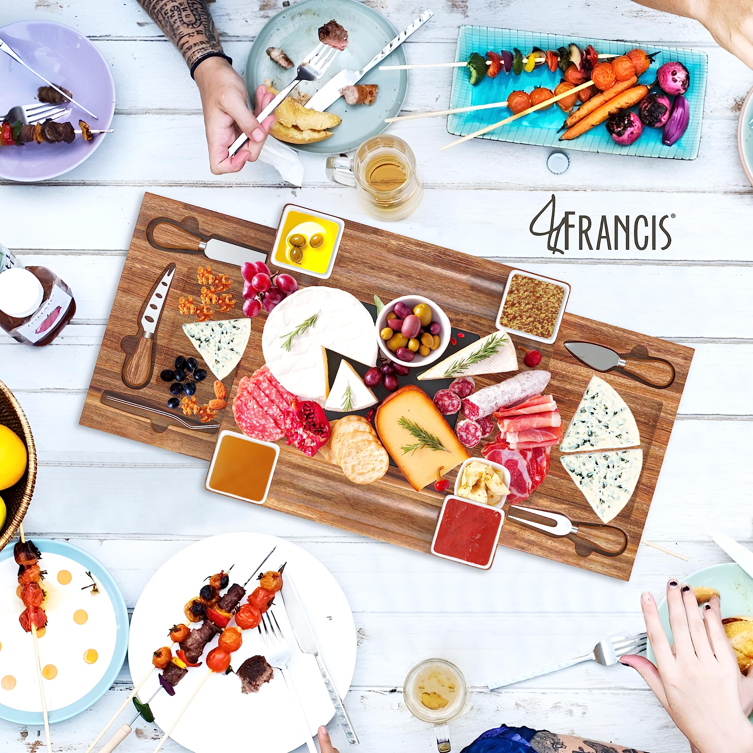 G Francis Large Charcuterie Boards with Bowls and Cheese Board Knife Set - 12.5in Square Acacia Wood Serving Platter Set