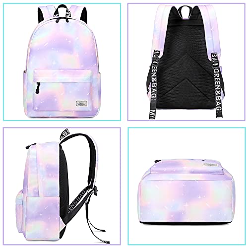 Lohol Galaxy School Backpack with Lunch Box, Lightweight BookBag Set for Girls Kids (Purple&Green)
