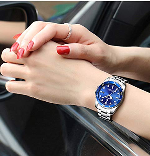 MASTOP Couple Watches Classic Golden Stainless Steel Watch His and Hers Waterproof Quartz Watch (Silver Blue)