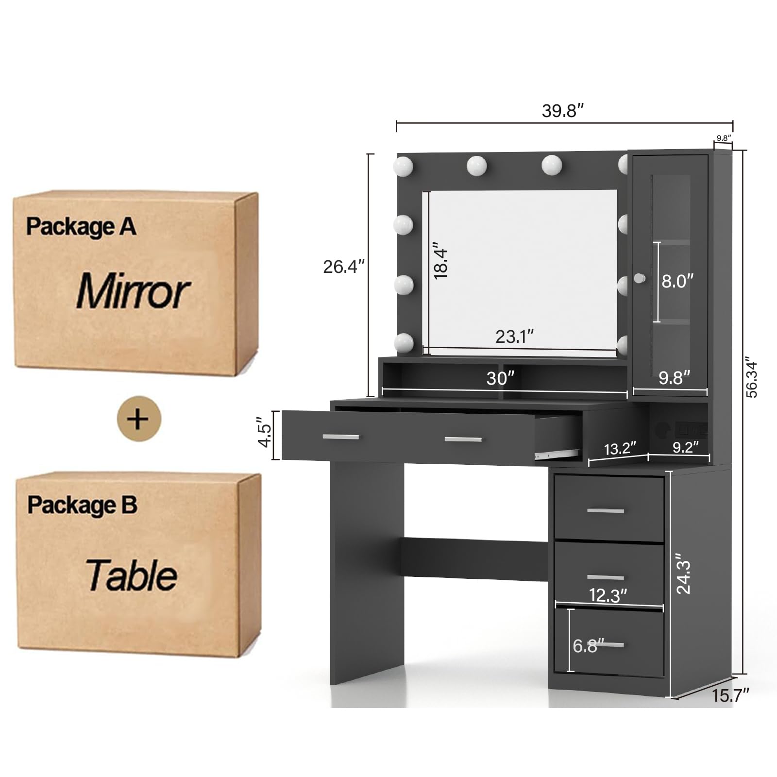 Likein Makeup Vanity Desk with Lights - Makeup Vanity with Power Strip, Vanity Desk with Mirror and Lights, Vanity Table with Mirror Drawers and Glass Door Cabinet, Black