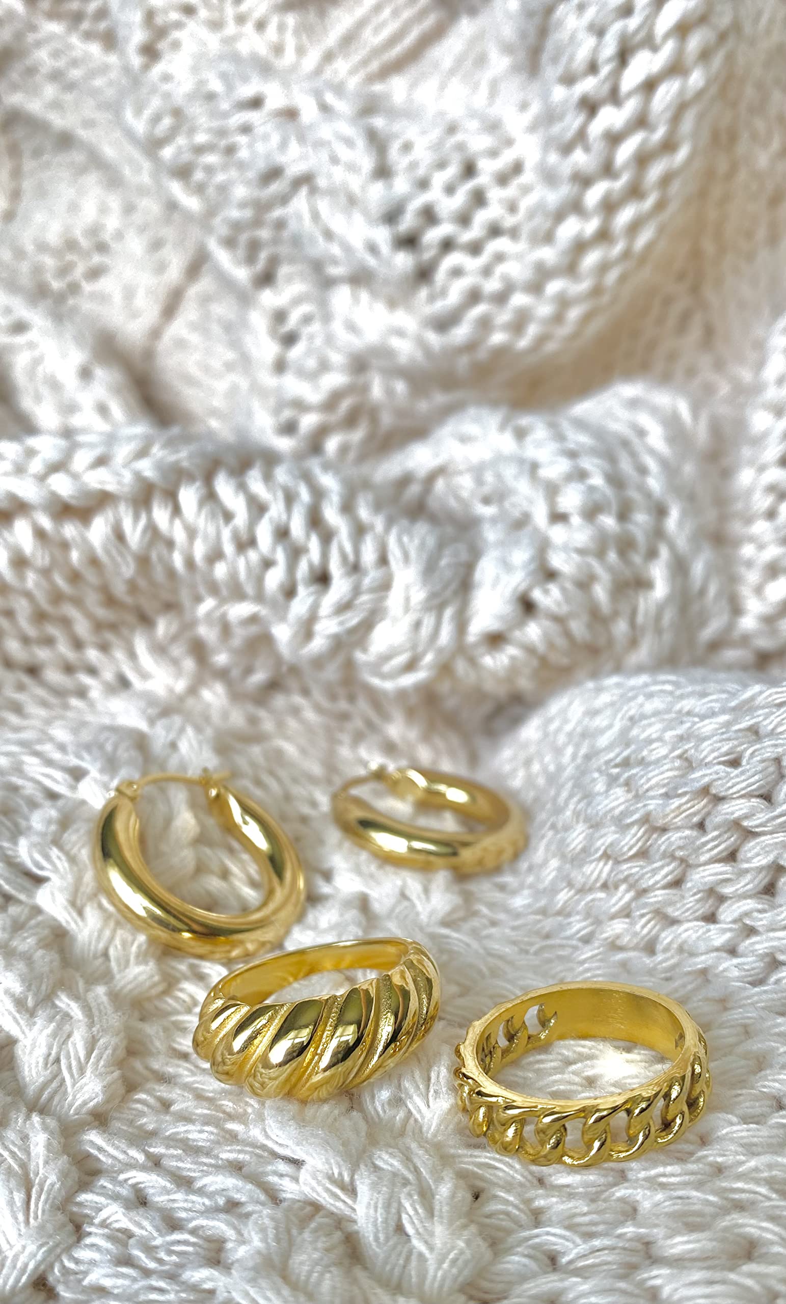 EVLYN 18K Gold Rings Tarnish Free Ring | Cuban Link Chain Ring | Croissant Ring | Gold Rings For Women Size 5 6 7 8 9 10 (9)
