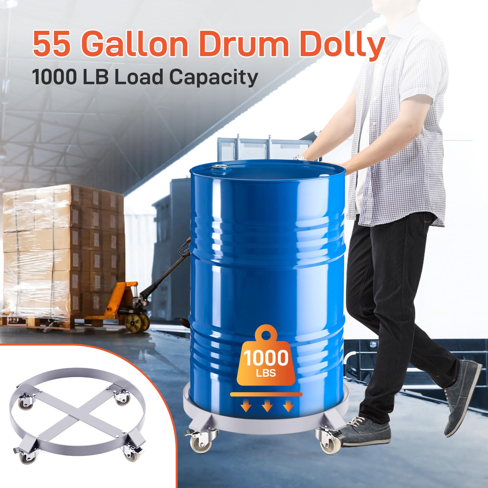 GarveeTech 55 Gallon Drum Dolly,Drum Heavy-Duty Steel Dolly,1000lbs 55 Gallon Barrel Dolly Cart Drum Caddy,with Steel Frame 4 Swivel Casters Wheel, for Warehouse Drum Handling