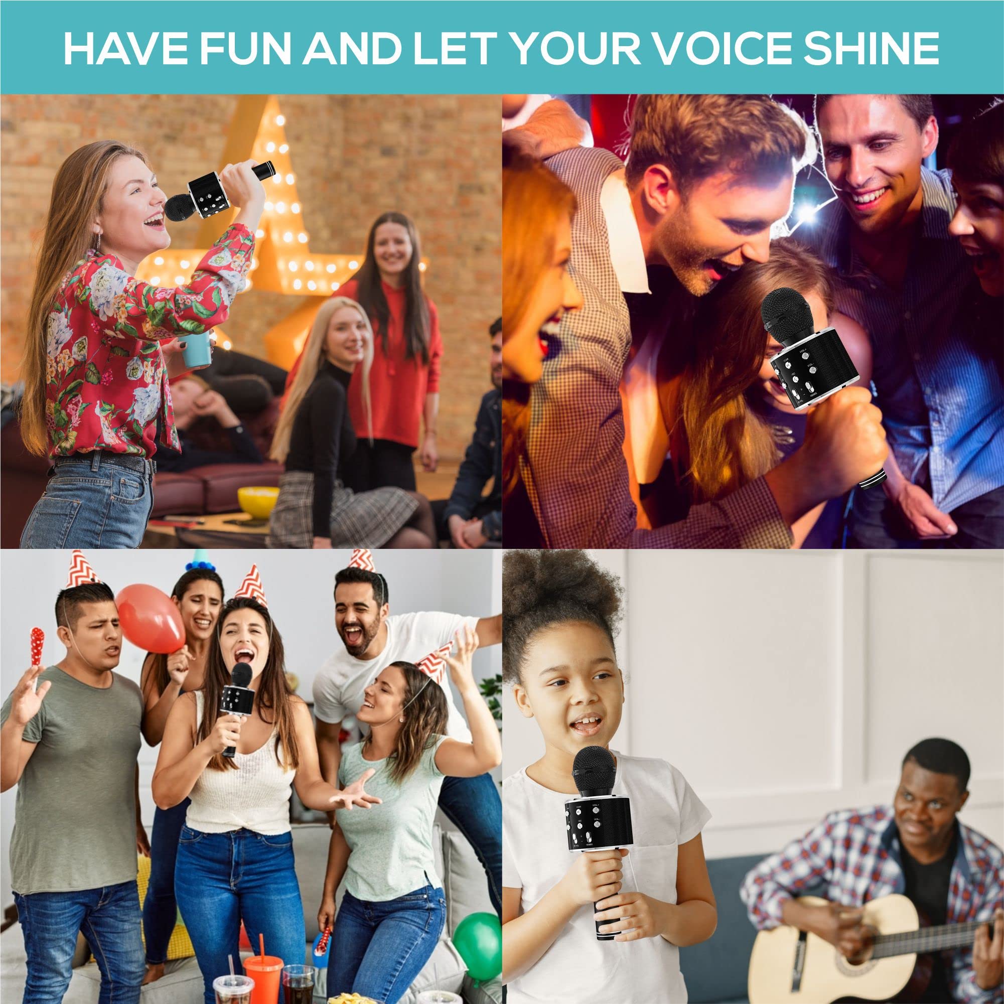 FDY Bluetooth Karaoke Microphone for Kids Adults, Wireless Bluetooth Microphone for Singing with Voice Changing Karaoke Mic Speaker Recorder for 3-13 Years Girls Boys Christmas Birthday Gift-Black