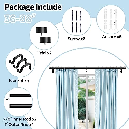 VOIIY Curtain Rods for Windows 48 to 84 Inch(4-7 Feet),Black 1'' Diameter Drapery Rods with End Cap Style Design,Modern Adjustable Heavy Duty Curtain Rod,Size:36''-88''
