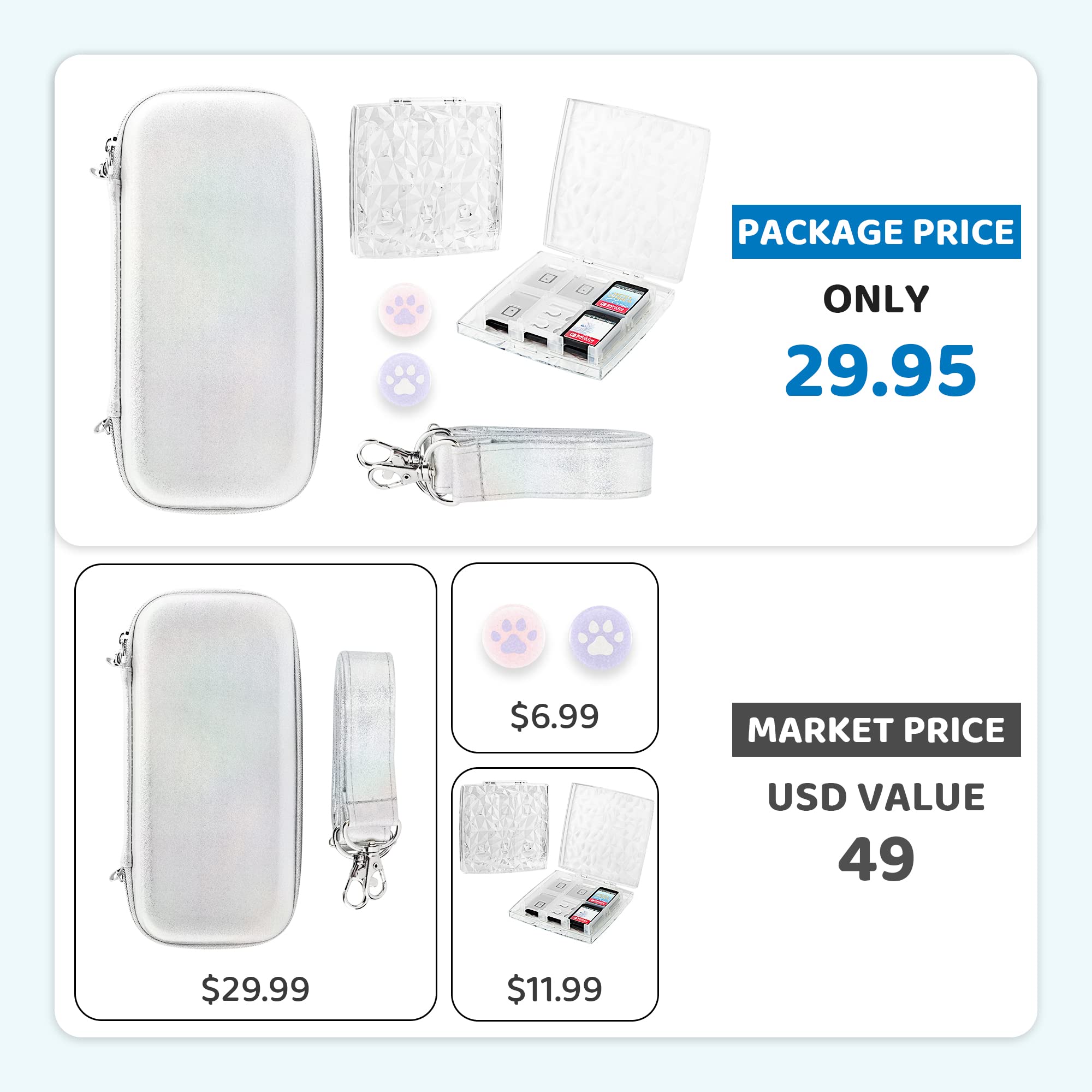 GLDRAM Glitter Carrying Case Bundle for Nintendo Switch & OLED, Accessories Kit with Protable Silver Switch Travel Case, Shoulder Strap, Clear Diamond Game Card Case Holder and Thumb Grip Caps