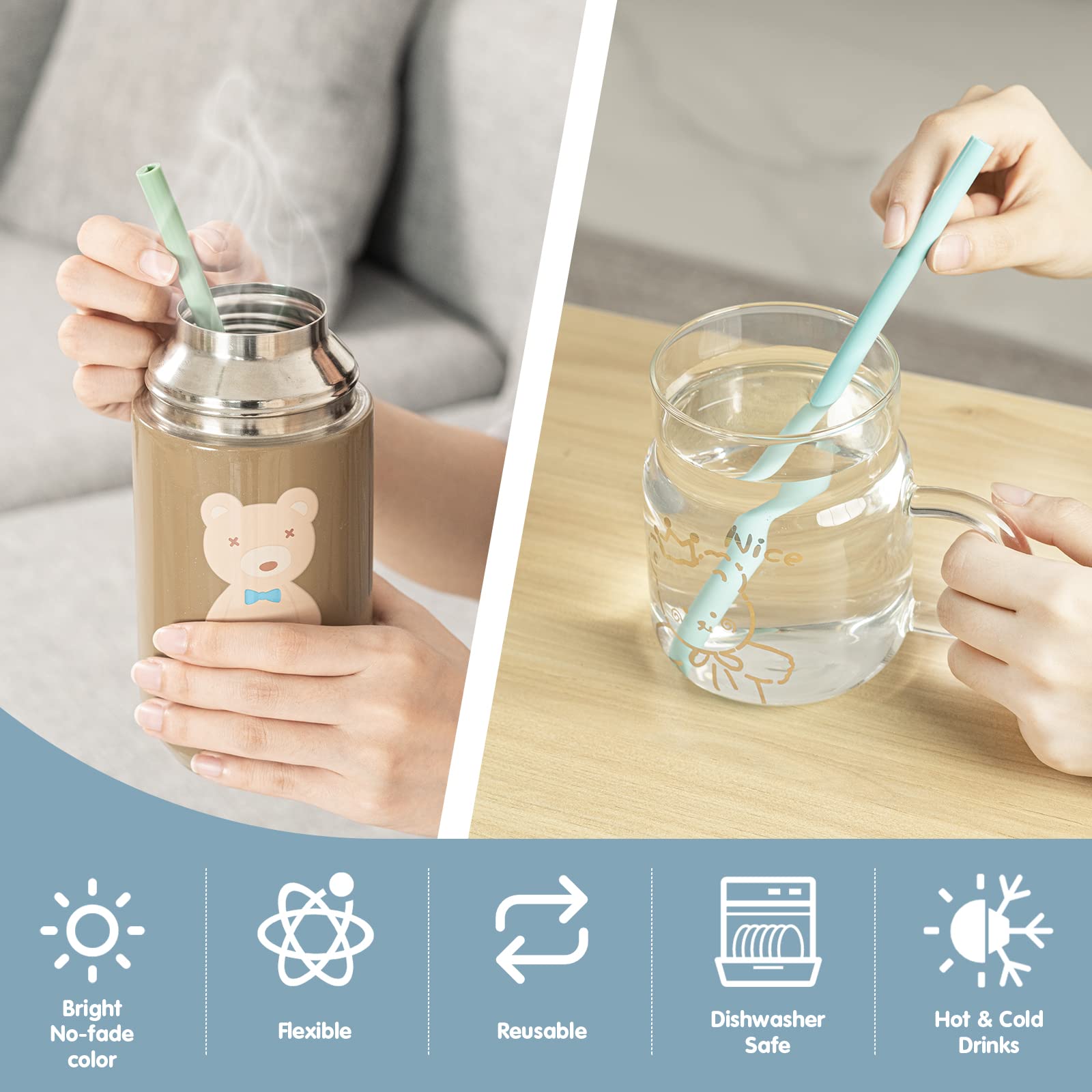 HAPPY CREATE 8 Pcs Reusable Silicone Premium Softy Drinking Straws in Snap Straw-Openable Design Hot and Cold Compatible(4 colors)