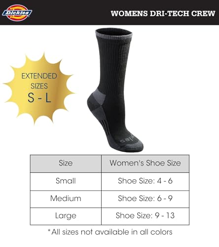Dickies Women's Dritech Advanced Moisture Wicking Crew Socks (6/12 Pairs), Black Assorted (12 Pairs), Shoe Size: 4-6