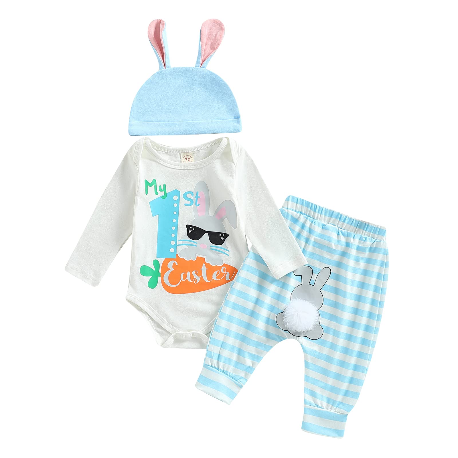 GOOCHEER First Easter Outfit Baby Girl Boy Long Sleeve My 1st Easter Bodysuit Romper Pants Bunny Ears Hat 3PCS Clothes Set (Striped Blue, 3-6 Months)
