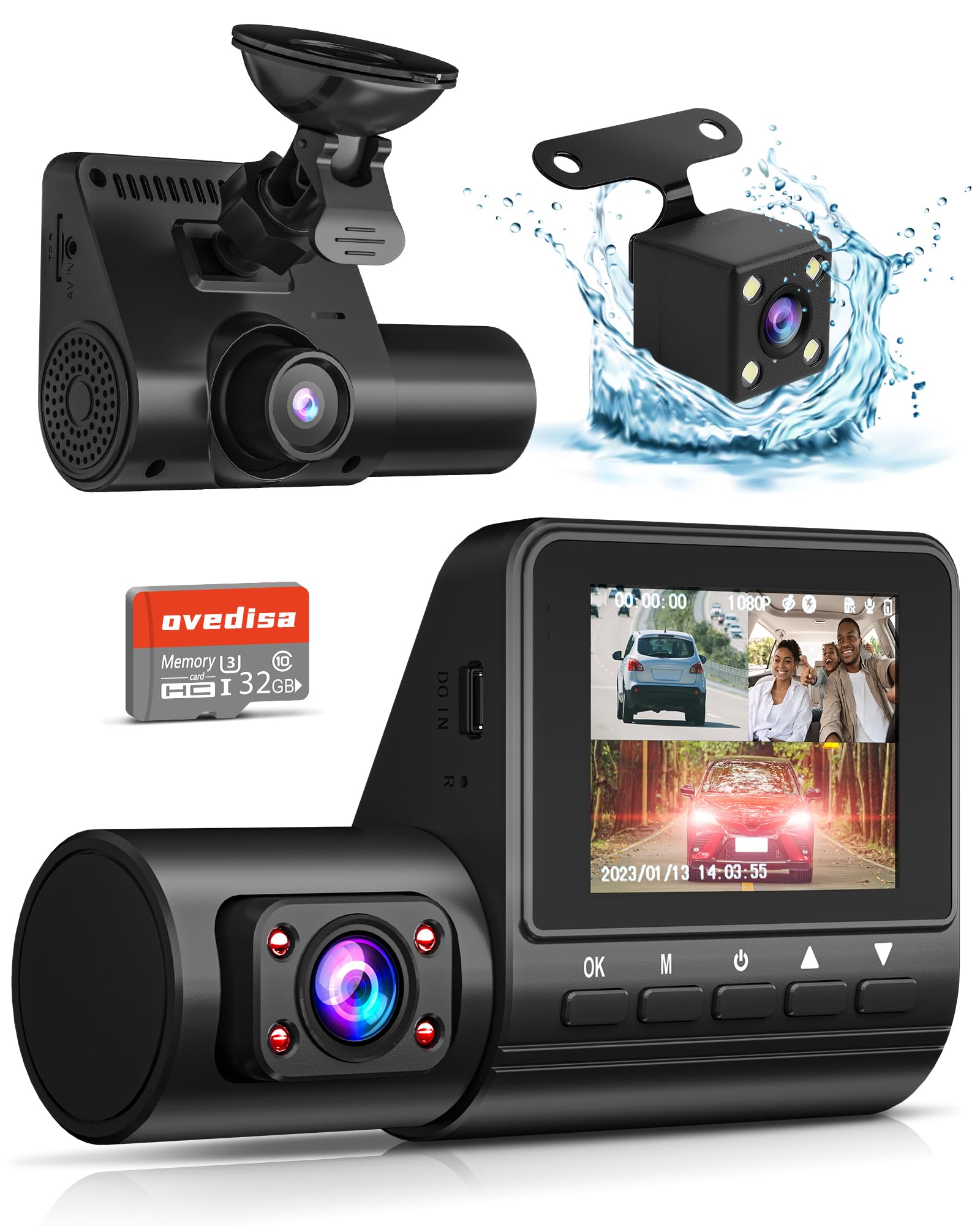 Dash Camera for Cars,1080P Full HD 3 Channel Dash Cam Front and Rear Inside