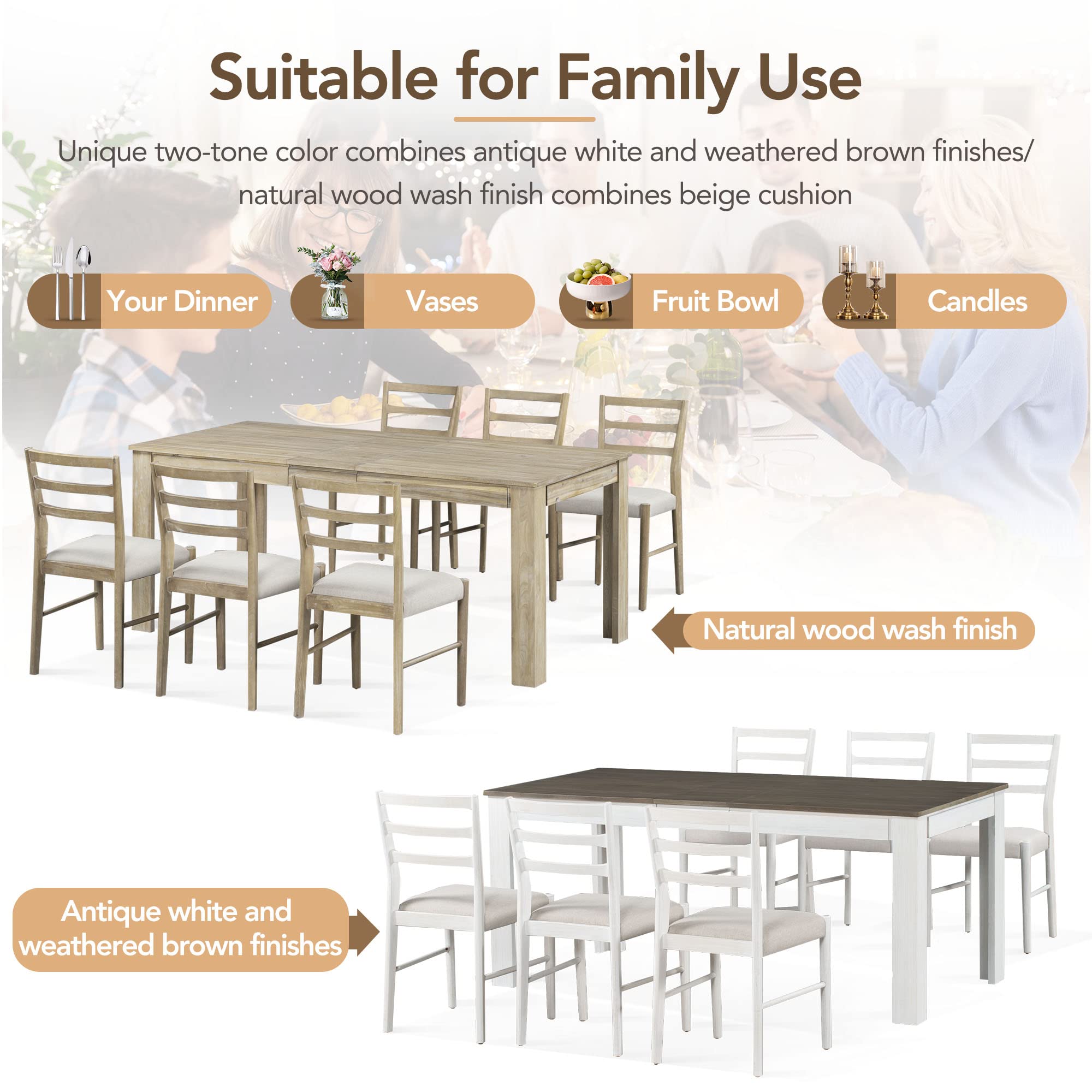 LostCat 71.5 Inch Dining Table Set for 6, 7-Piece Wooden Extendable Table with 12" Leaf and 2 Drawers, 6 Dining Chairs with Soft Cushion for Dining Room, Living Room, Antique White+Brown