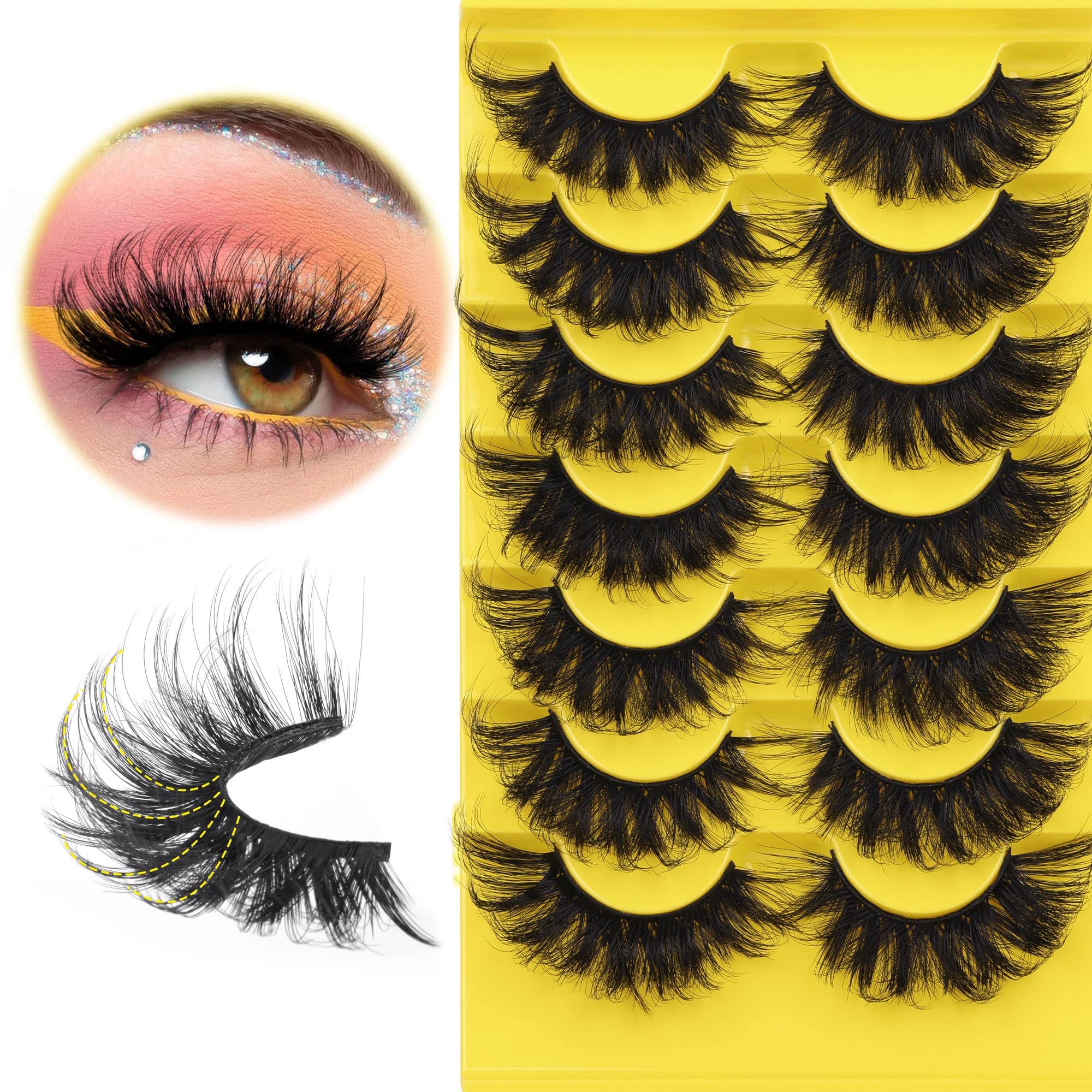 False Eyelashes Fluffy Lashes Dramatic Long Faux Mink Lashes Wispy 6D Volume Fake Eyelashes Thick Strip Big Cat Eye Lashes Pack 7 Pairs By GVEFETIEE