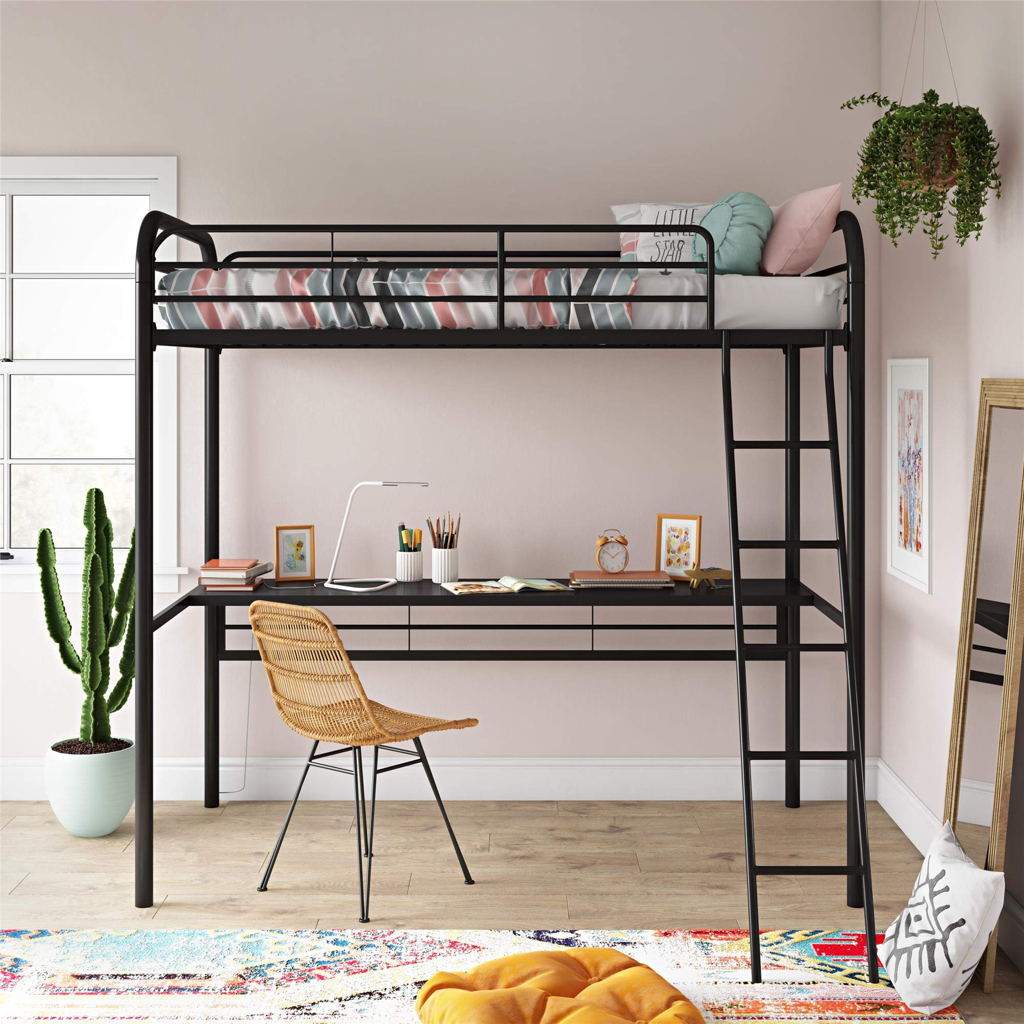 DHP Bed, Twin Size Frame, Metal/Black Desk Loft,