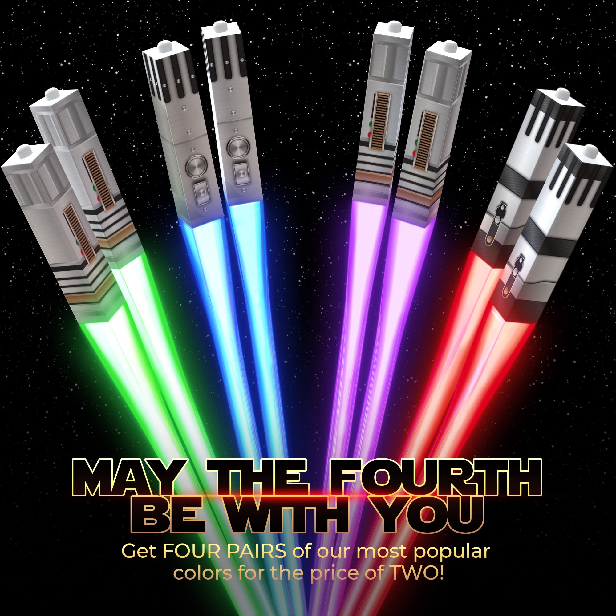 Lightsaber Chopsticks Light Up Star Wars LED Reusable Red Blue Green Purple 4 PAIRS FREE Darth Vader Keychain Bottle Opener