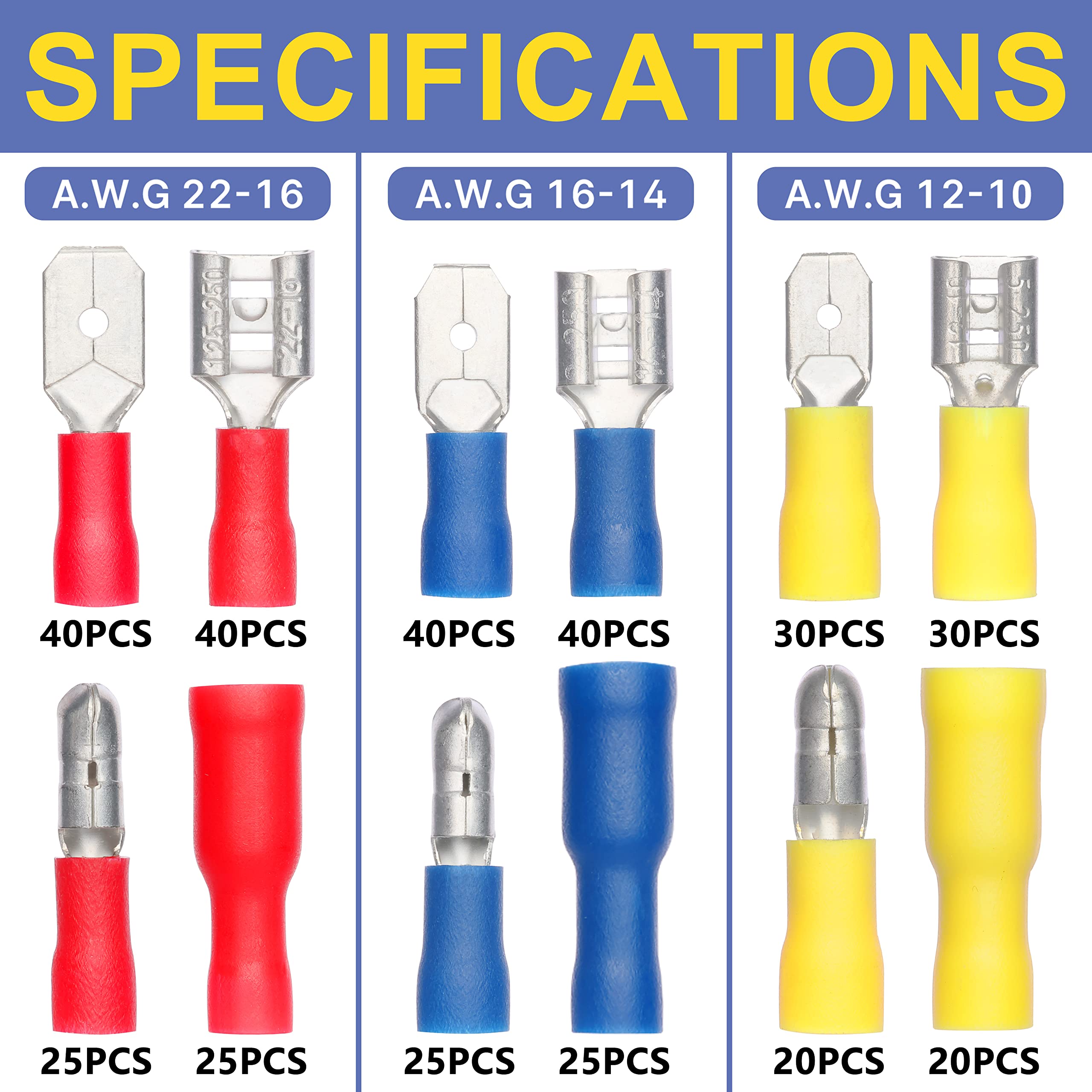 haisstronica 360PCS Electrical Insulated Bullet&Spade Termianls Kit,AWG 22-10 Wire Crimp Terminals of Tinned Red Copper,Quick Disconnect Wire Connectors Kit(3Colors/12Size)