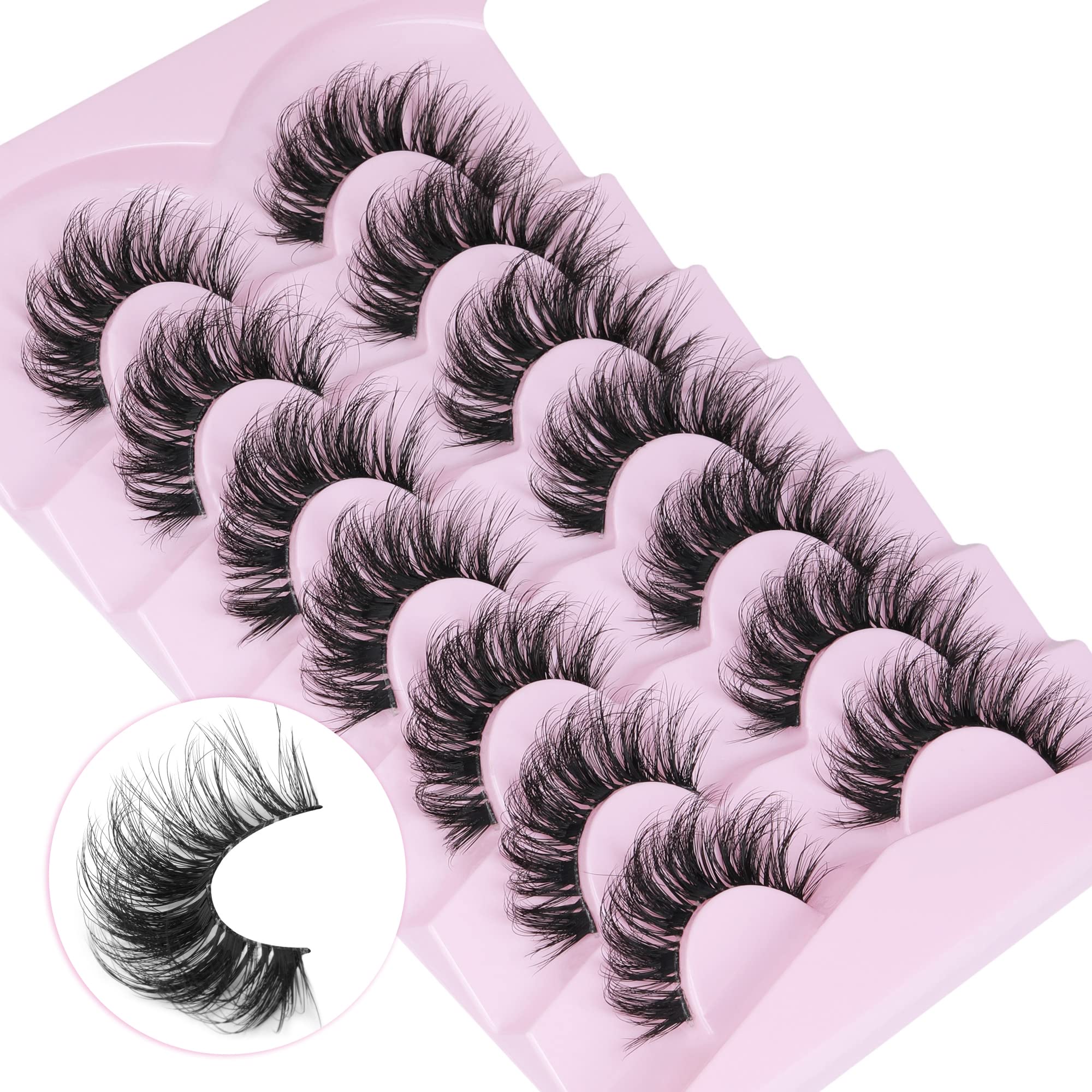 False Eyelashes Wispy Mink Lashes Fluffy Cat Eye Lashes Natural Look 7 Pairs D Curl Clear Band Fake Eyelashes Pack by EYDEVRO