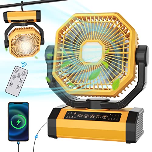 Portable Rechargeable Fan 35Hrs 10000mAh 9-Inch with Auto Oscillating/Remote/Timer/LED Light, Camping Fan for Tent, Travel, Worksite, Poweroutage, Strong Hurricane, Cordless Fan, Battery Operated Fans