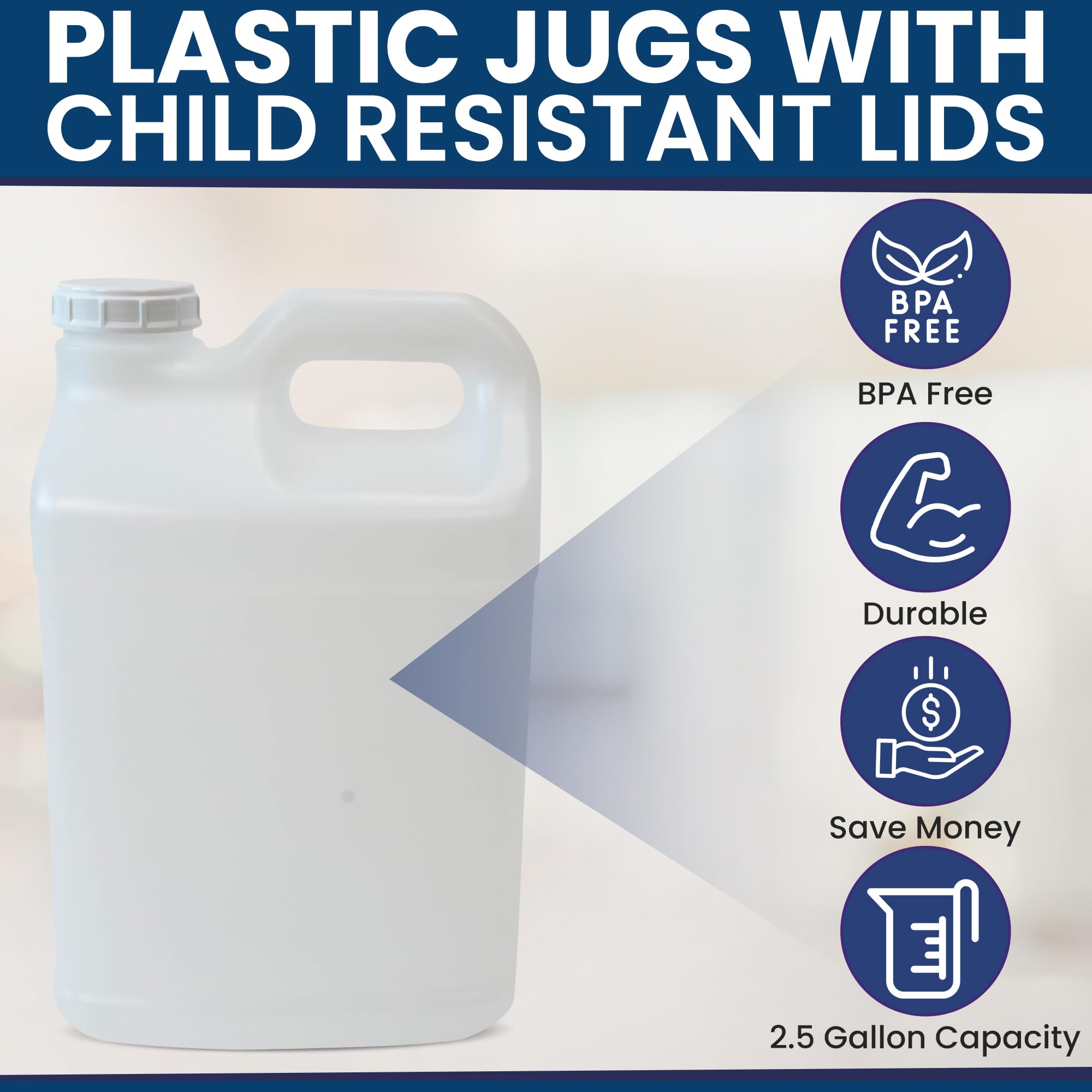 CSBD F-Style Plastic Jug with Child Resistant Lid, Storage Containers with Ergonomic Handle, HDPE Construction for Residential or Commercial Use (2.5 Gallon, Natural)