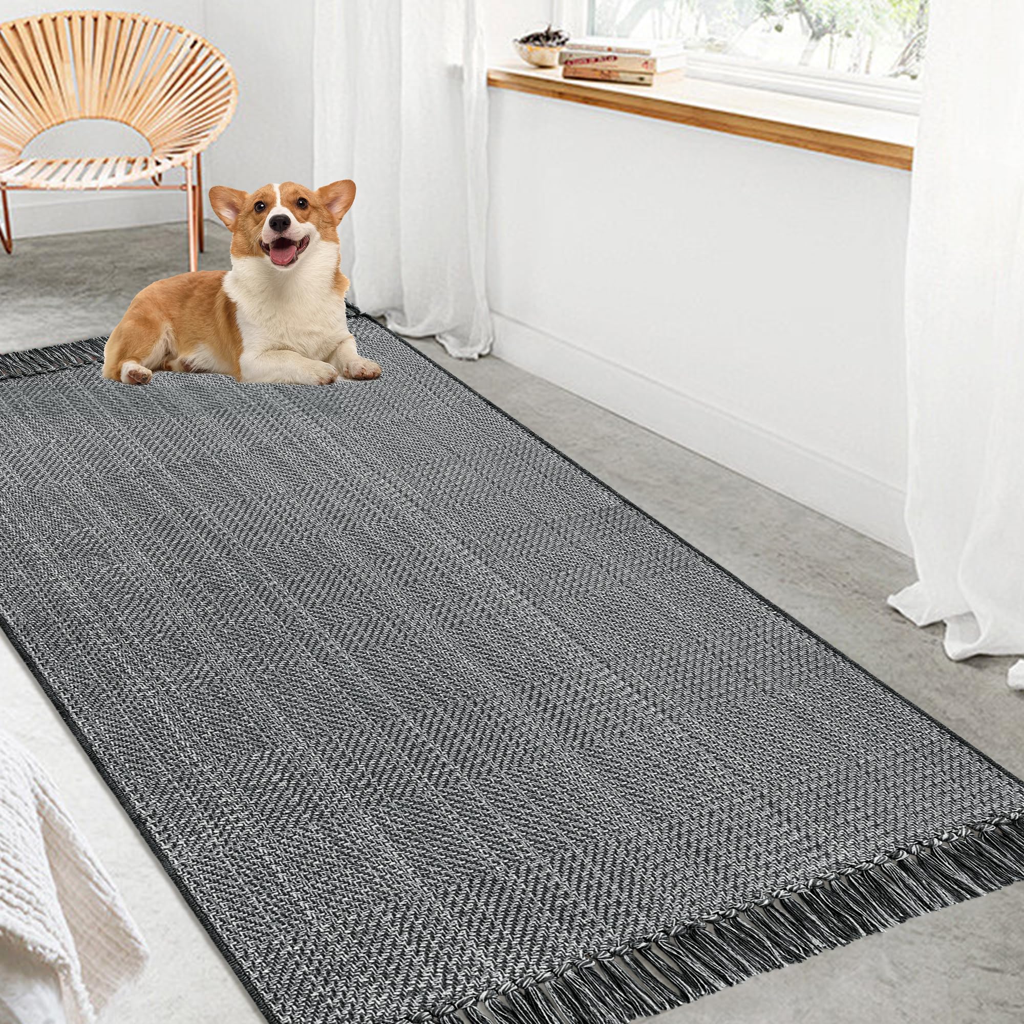 Nafell 3x5 Washable Entryway Rug - Small Boho Kitchen Area Rug with Tassel, Washable Bathroom Rug for Entryway Kitchen Indoor Bedroom, Hand-Woven, Cotton