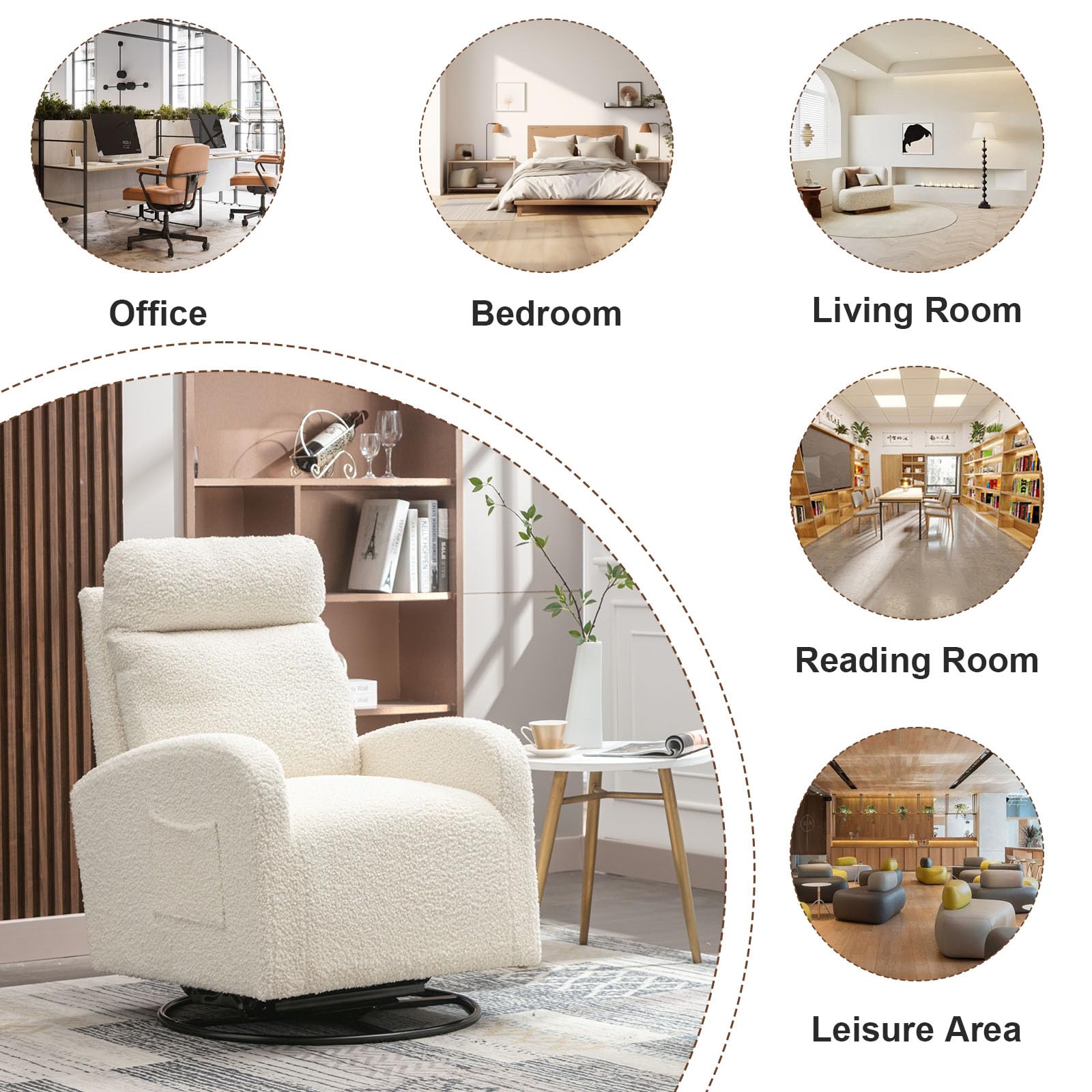 LUCKHAO Swivel Rocking Chair,Nursery Swivel Glide Armchair Teddy Fabric Upholstered Modern Rocking Chairs with High Backrest for Nursery, Bedroom, Living Room(White Teddy