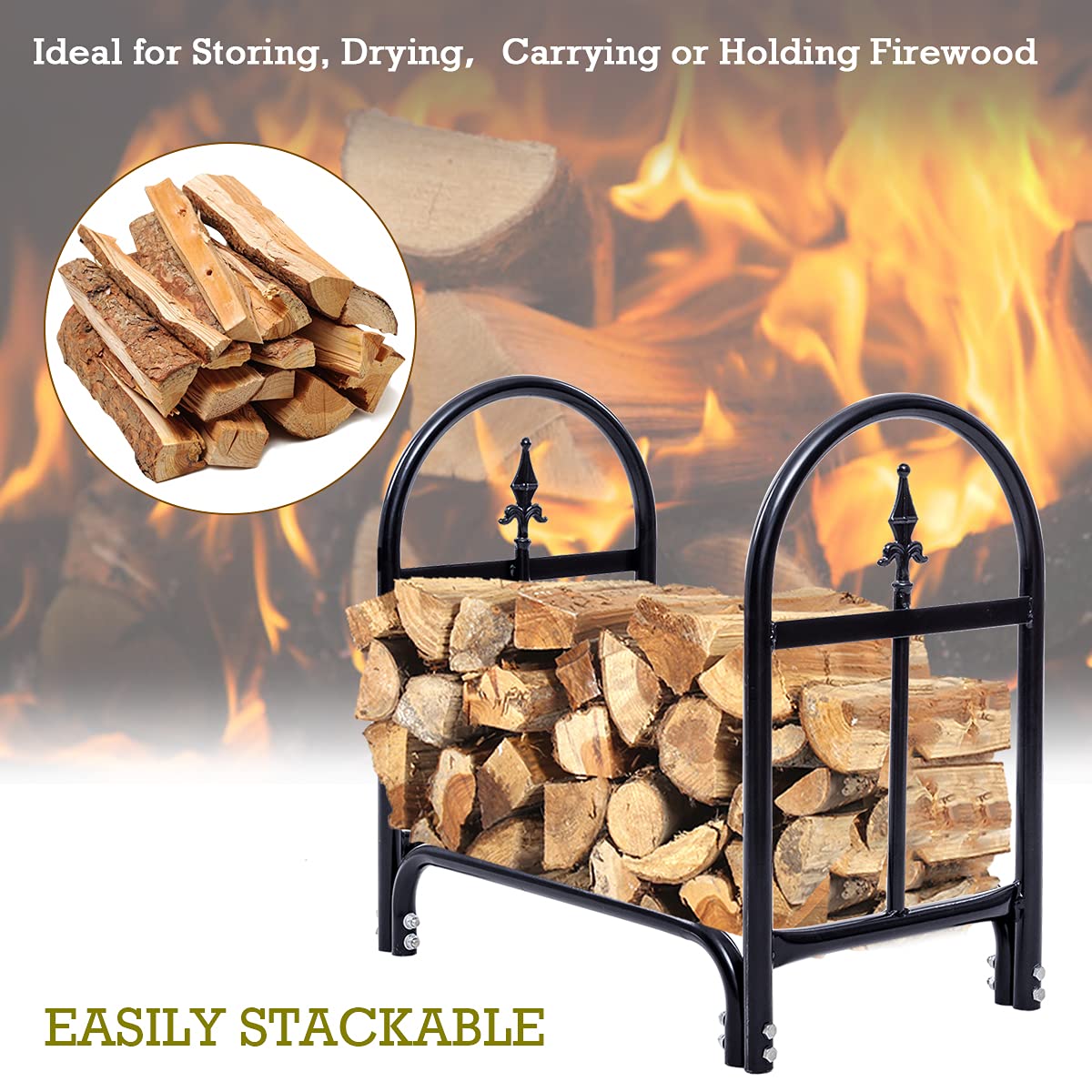 Happytools Firewood Rack, 24 Inch Fireplace Wood Storage Stand for Indoor and Outdoor, Heavy Duty Steel Fire Log Stacker Holder for Stove Fire Pit Fireplace (Single Head, 2 FT) Black