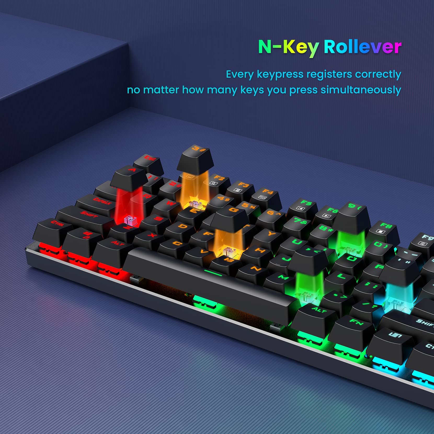 Full Size Mechanical Gaming Keyboard,Rainbow Backlit Ultra-Slim Wired USB Keyboard with Blue Switches Double-Shot Keycaps, Splash-Proof, Full-Key Rollover, Ideal for Windows Mac