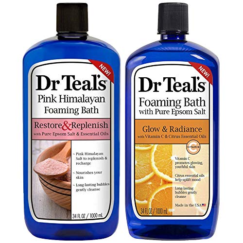 Dr. Teal's Pure Epsom Salt Foaming Bath Gift Set (2 Pack, 34 oz ea.) - Restore & Replenish Pink Himalayan and Glow & Radiance with Vitamin C & Citrus Essential Oils - Long Lasting Bubbles Nourish Skin