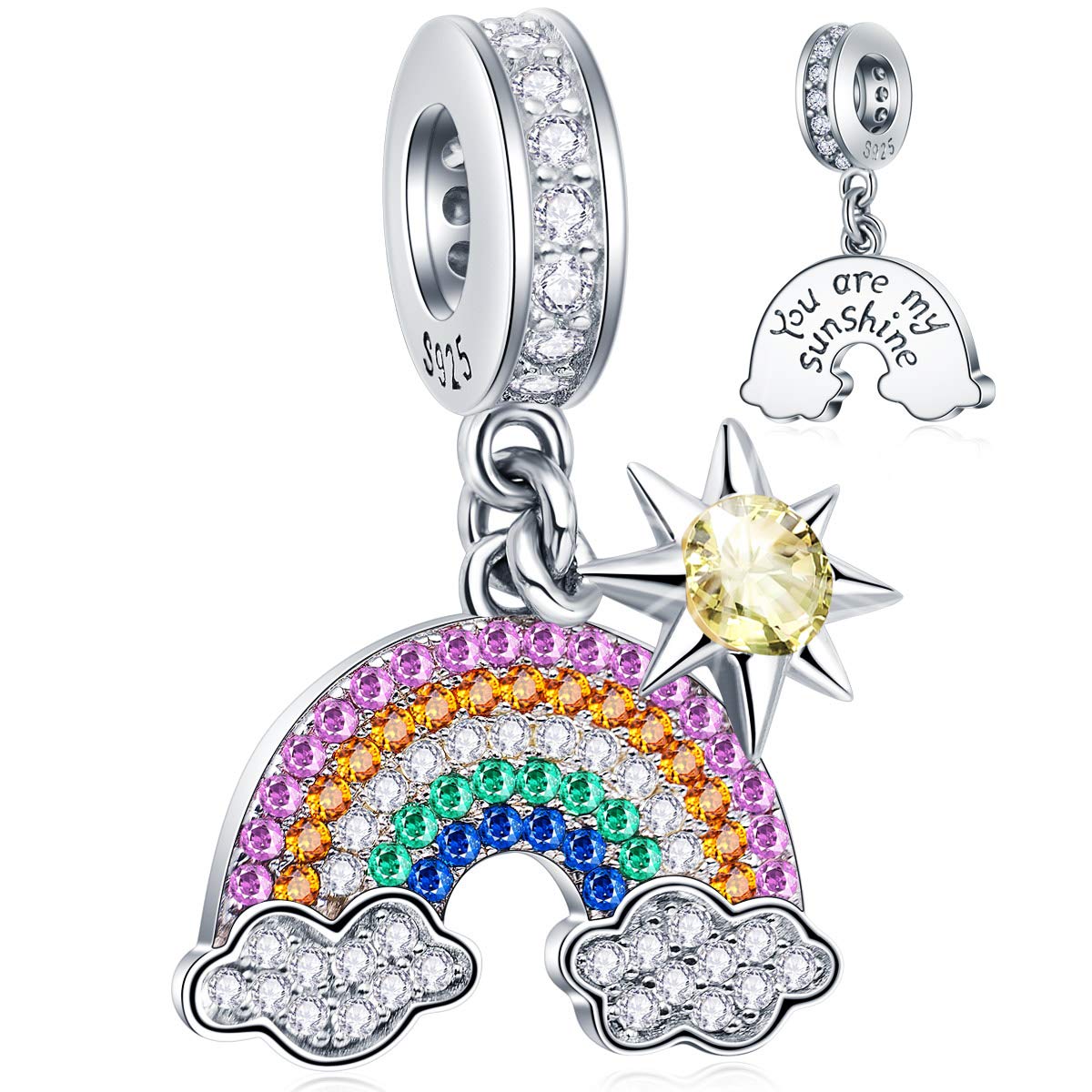 EMOSTAR Reflexions Rainbow Cloud and Sun with Colorful CZ Dangle Charms,925 Sterling Silver You Are My Sunshine Pendant Bead fits First Mothers Day Bracelet, Gift for Lover/Women