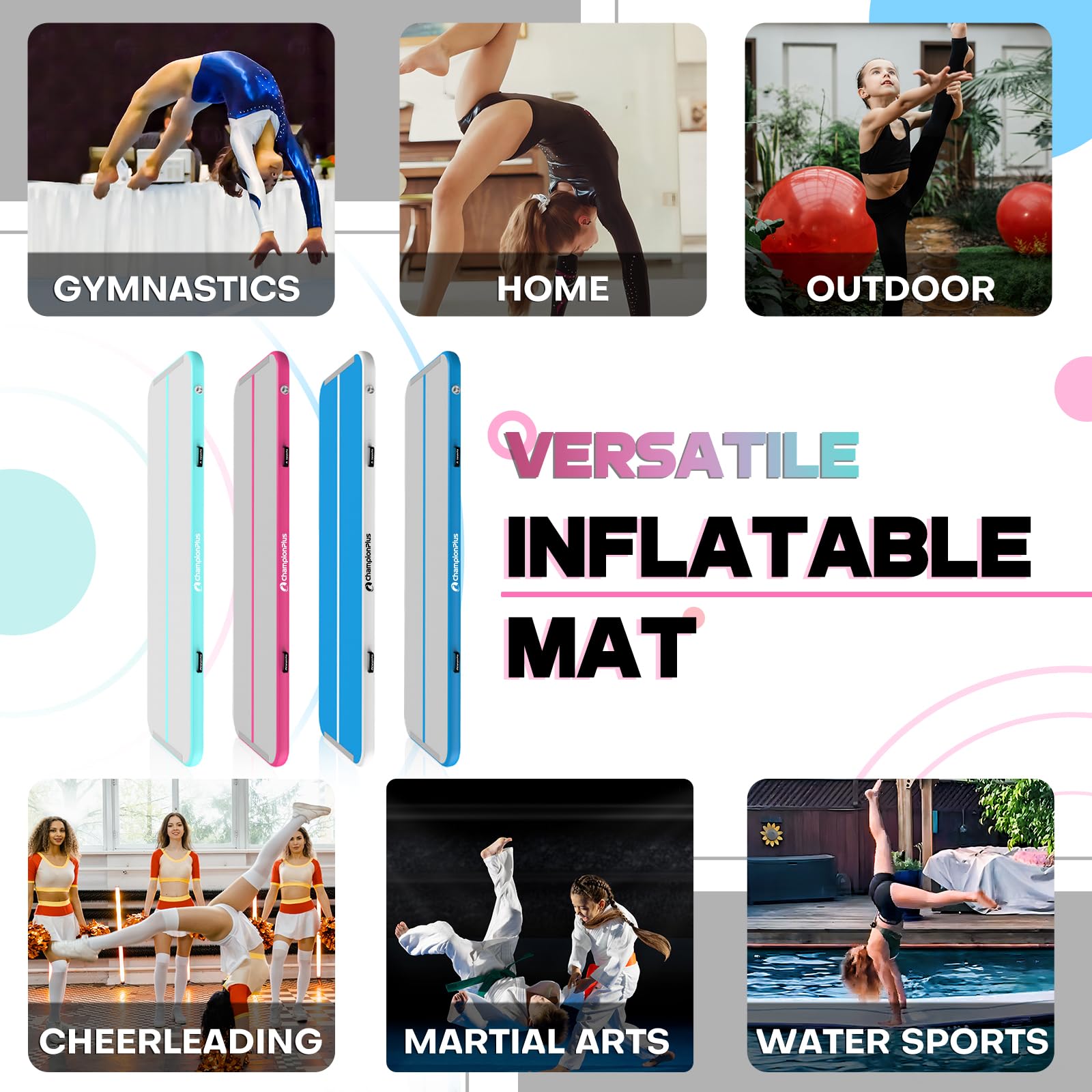 CHAMPIONPLUS 10ft 13ft 16ft 20ft Tumble Track Tumbling Mat Inflatable Gymnastics Air Mat 4/8 inches Thickness for Home Training Cheerleading Yoga with Electric Air Pump Pink 20'x3.3'x4''