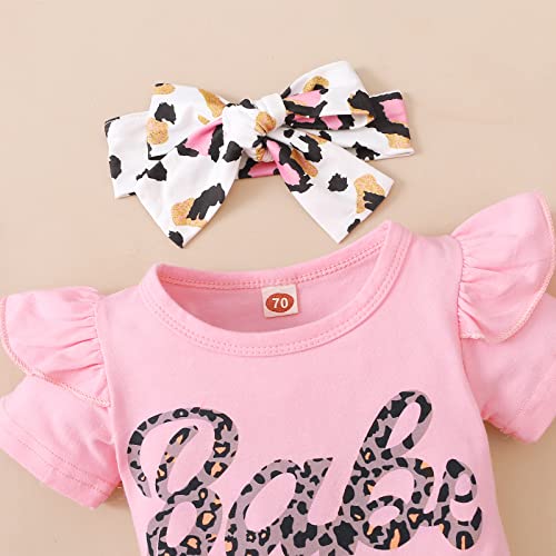 MIEKISA Baby Girls Romper and Leopard Mesh Dress Sets With Headband (Pink, 0-3 Months)