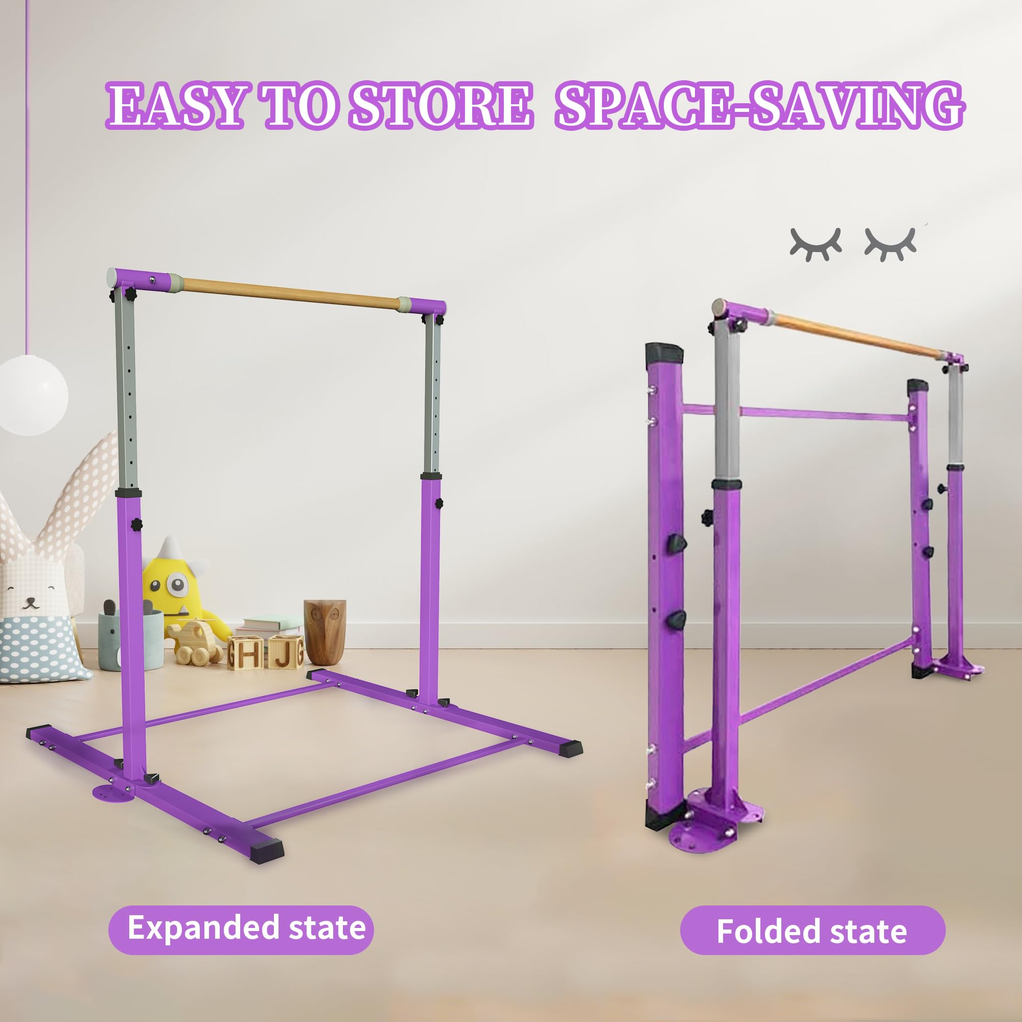 EL&IT·Wings Kip Bar,Horizontal Bar,Adjustable Height 3'-5' Gymnastics Bar,Fiberglass Rail & 304 Stainless Steel Regulating Arms,Kids and Gymnast Exercise Home&Gym Club Use (53*9.7*7inch, Purple, 1)