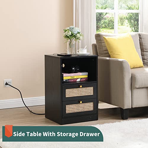 Yoobure Black Nightstand with Charging Station, Bed Side Table/Night Stand with Drawers, Modern Nightstands with USB Ports & Outlets for Bedroom, Living Room, Home Office