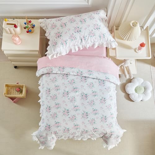 Cotton Toddler Bedding Set with Ruffle Fringe, 4 pc Floral Toddler Bed Set Includes Adorable Quilted Comforter, Fitted Sheet, Top Sheet, and Pillow Case (Purple and Yellow White Flowers)