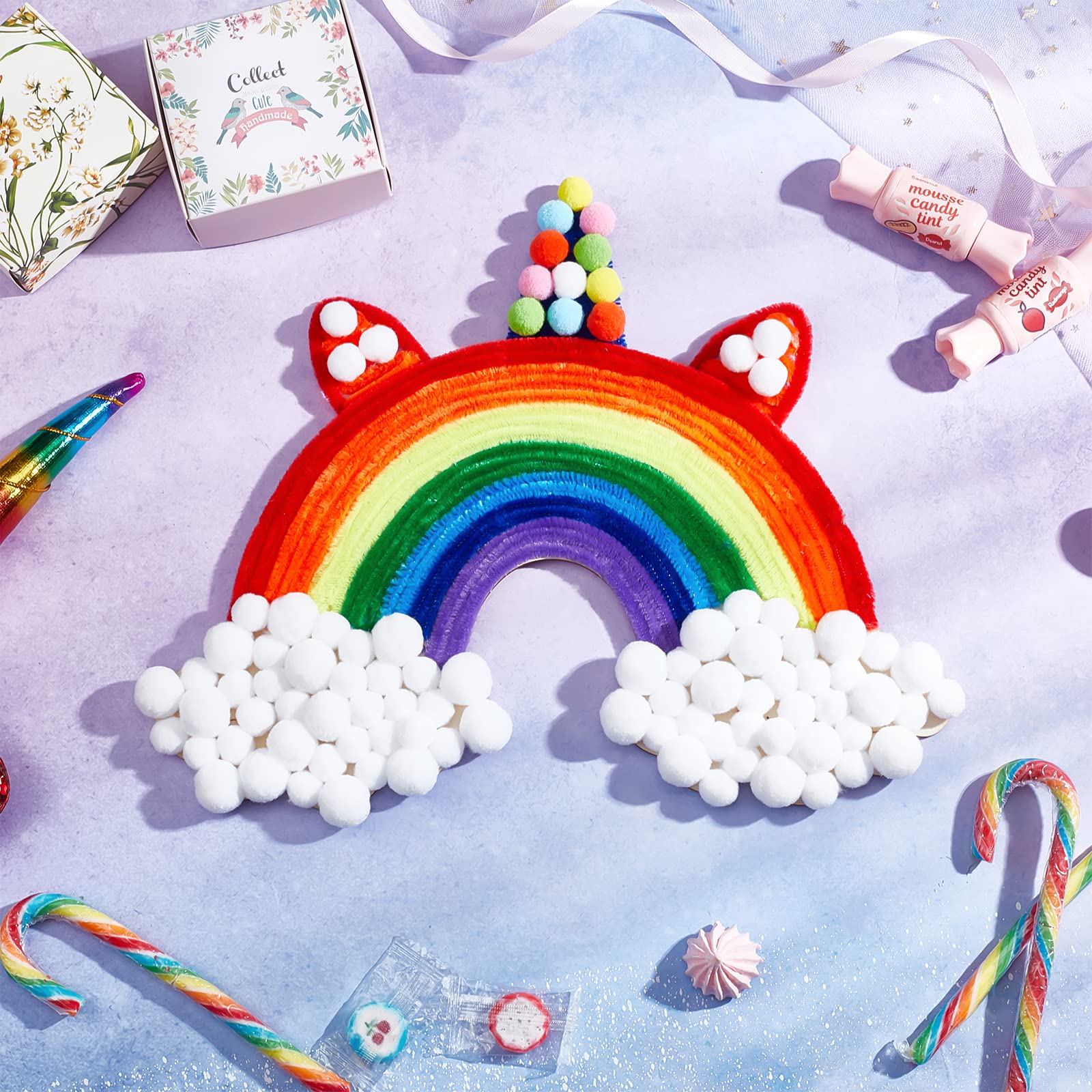 FREEBLOSS 4 Set Wooden Rainbow DIY Craft Art Supply Kits with Craft Cleaners and Foam Pom Poms, Projects Crafting Activity