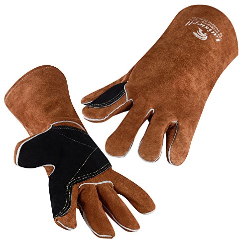Luiswell 8007 Welding Gloves Heat Resistant Premium Cowhide Split Side Leather Tig Mig Arc Stick Welder Fireplace Gloves, Seamless Forefinger, Palm and Thumb Double Reinforced, 14 inch Long, Brown
