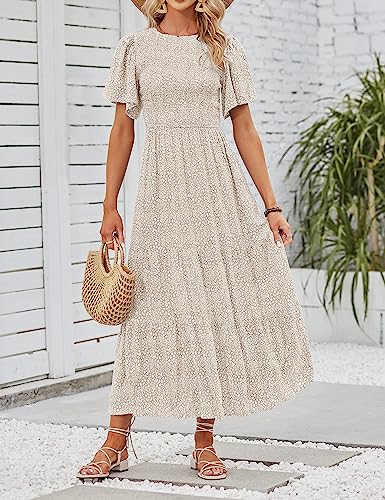 ZESICA Women's 2023 Summer Casual Floral Print Short Flutter Sleeve Crew Neck Smocked High Waist Flowy Maxi Dress,Beige,X-Large