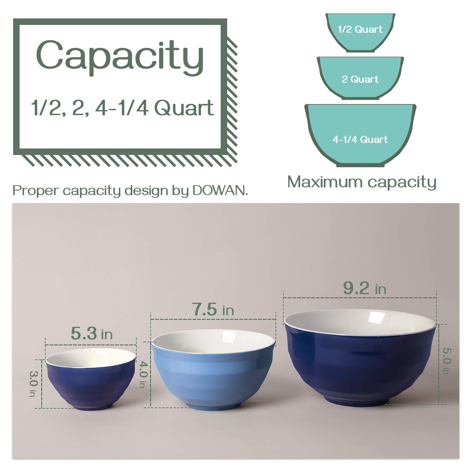 DOWAN Mixing bowls, 4.25/2/0.5 Qt Ceramic Mixing Bowls for Kitchen, Large Salad Serving Bowls, Nesting Mixing Bowls Set, Microwave Safe, Blue