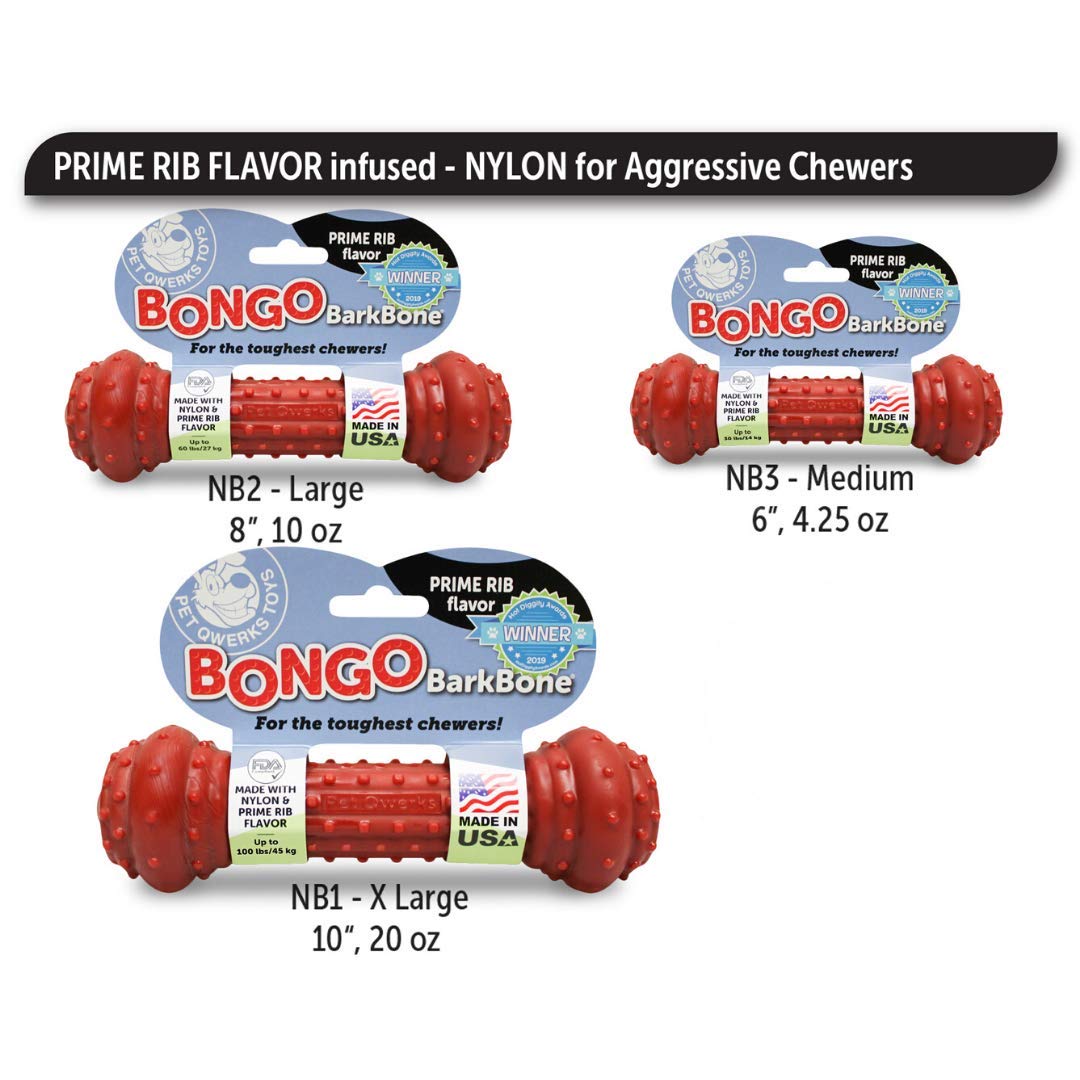 Pet Qwerks Bongo BarkBone - Nylon Dog Bone for Aggressive Chewers - Prime Rib Flavor - Large