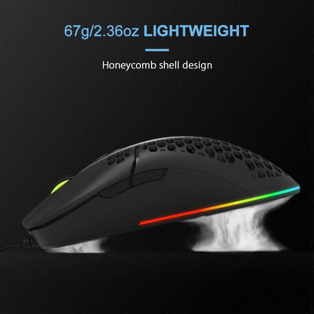 DeLUX 67G (2.36oz) Wired Lightweight Gaming Mouse with 7200DPI, 1000Hz Polling Rate, RGB Backlit and 7 Programmable Buttons, Honeycomb Gaming Optical Mouse for PC Gamer(M700BU(A725)(Black))