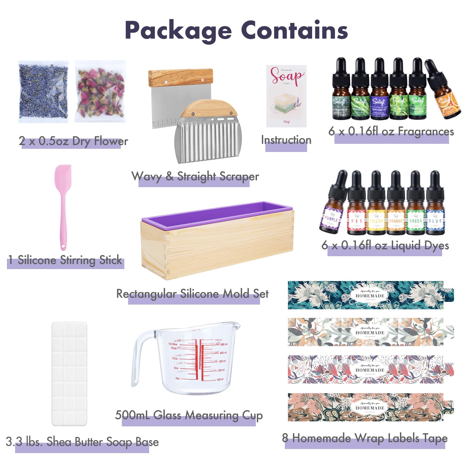 DIY Soap Making Kit, Soap Making Supplies with 3.3 lbs Soap Base, Glass Measuring Cup, Liquid Dyes, Wavy Straight Scraper, Silicone Stirring Stick