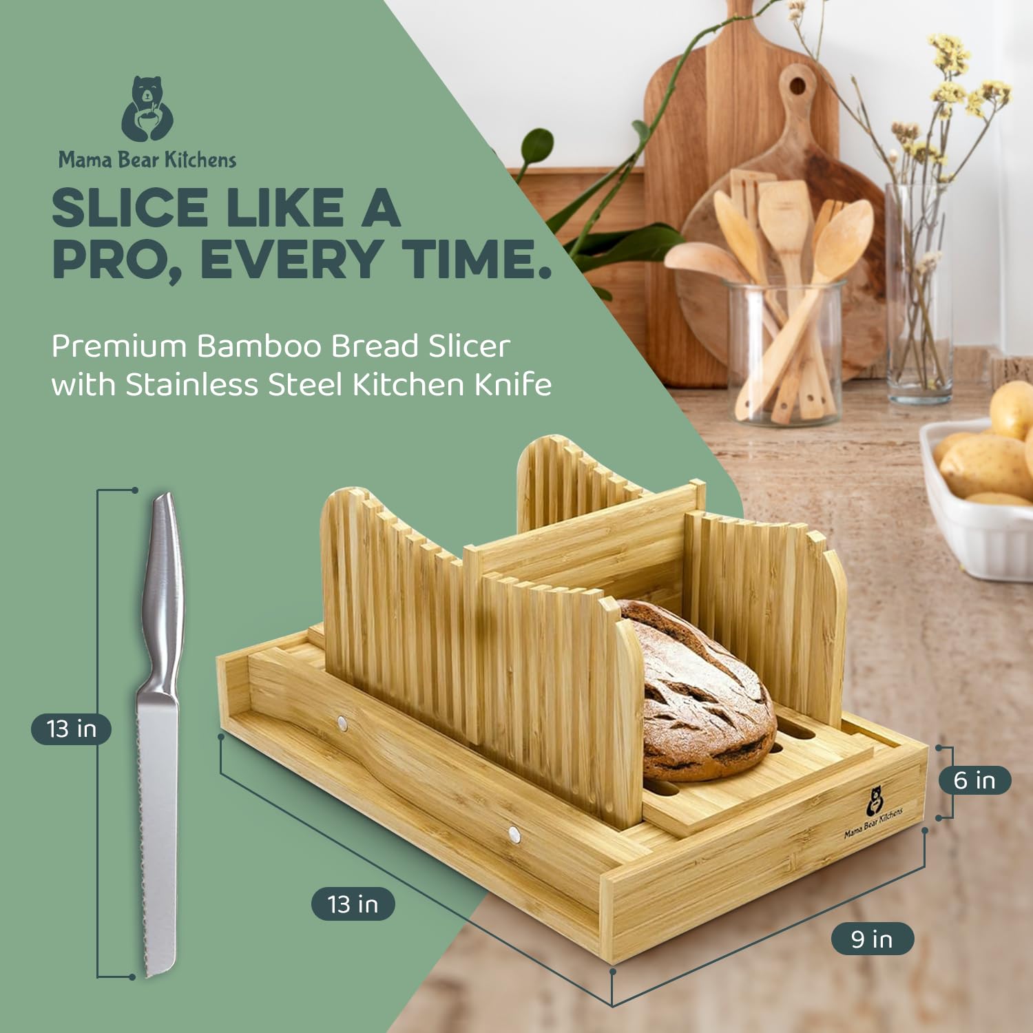 Mama Bear Kitchens Bamboo Bread Slicer with Knife - Adjustable & Durable Bread Loaf Slicer with Crumb Tray & Foldable Bread Cutter Guide - Easy to Clean & Store Bread Slicer for Homemade Bread