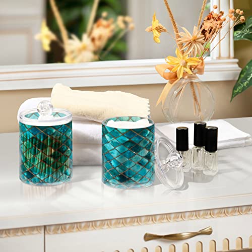 MCHIVER Teal Mermaid Bathroom Canisters Organizer 2 Pack Clear Plastic Jars with Lids 10 Oz Vanity Organizer for Cotton Round Pads Ball Swab Floss