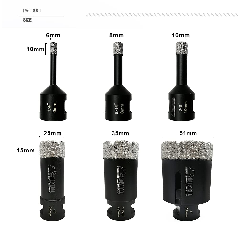 SHDIATOOL Diamond Core Drill Bits Set for Porcelain Tile Granite Marble Stone Brick Vacuum Brazed Hole Saws 06 08 10 25 35 51mm (6 of Pack)