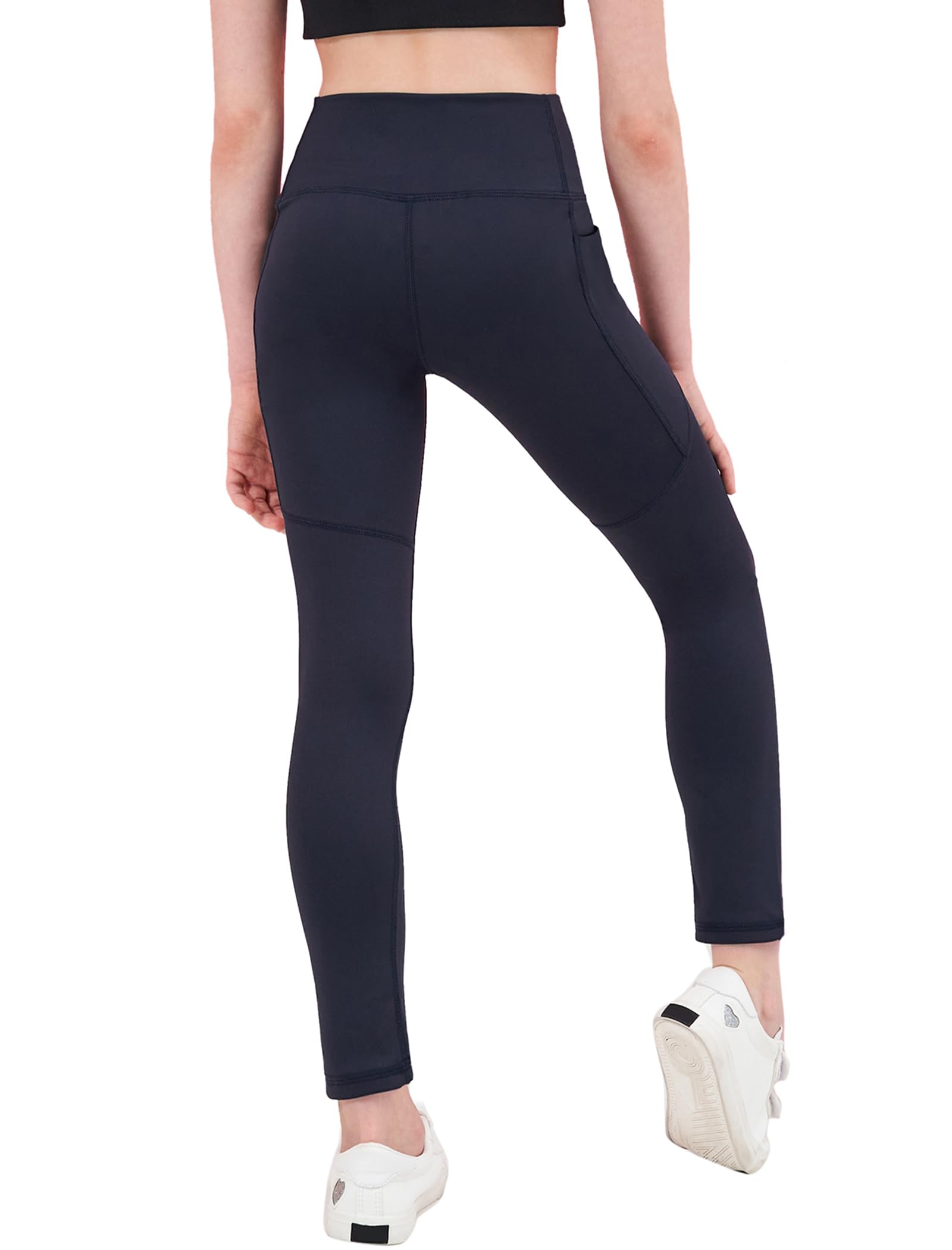 EXARUS Youth Girls Leggings Athletic High Waisted with Pockets Dance Active Compression Tights Yoga Navy Blue 12 Years