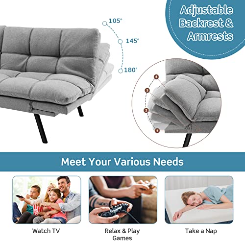 KOMFOTT Futon Sofa Bed, Linen Fabric Memory Foam Convertible Futon Couch with Adjustable Backrest & Armrests, Metal Legs, Modern Loveseat Sleeper Bed Split-Back Sofa for Small Apartment & Office