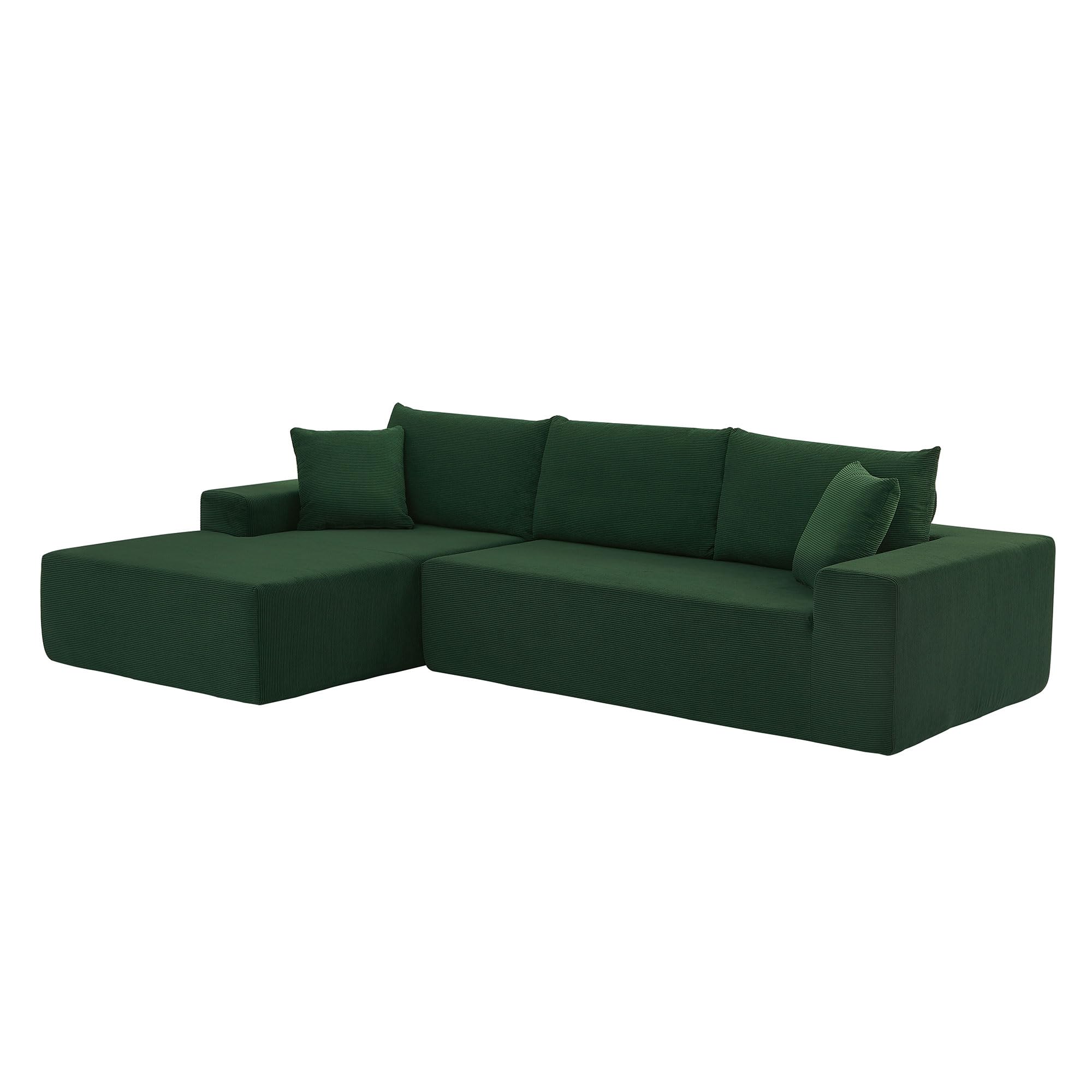JUSTONE, 108.5'' Dark Green High Density Sponge Sectional Sofa with Chaise Lounge, 3 Seater, Modern Polyester Living Room Sofa, Space Saving L-Shape, Right Facing, Cloud Couch, 2 Throw Pillows